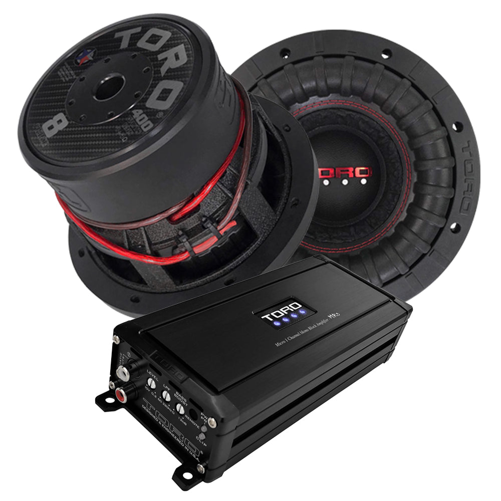 Two FIERCE8 SUBS + MR3 MICRO AMPLIFIER @ 1Ω | 800 Watts RMS – TORO AUDIO